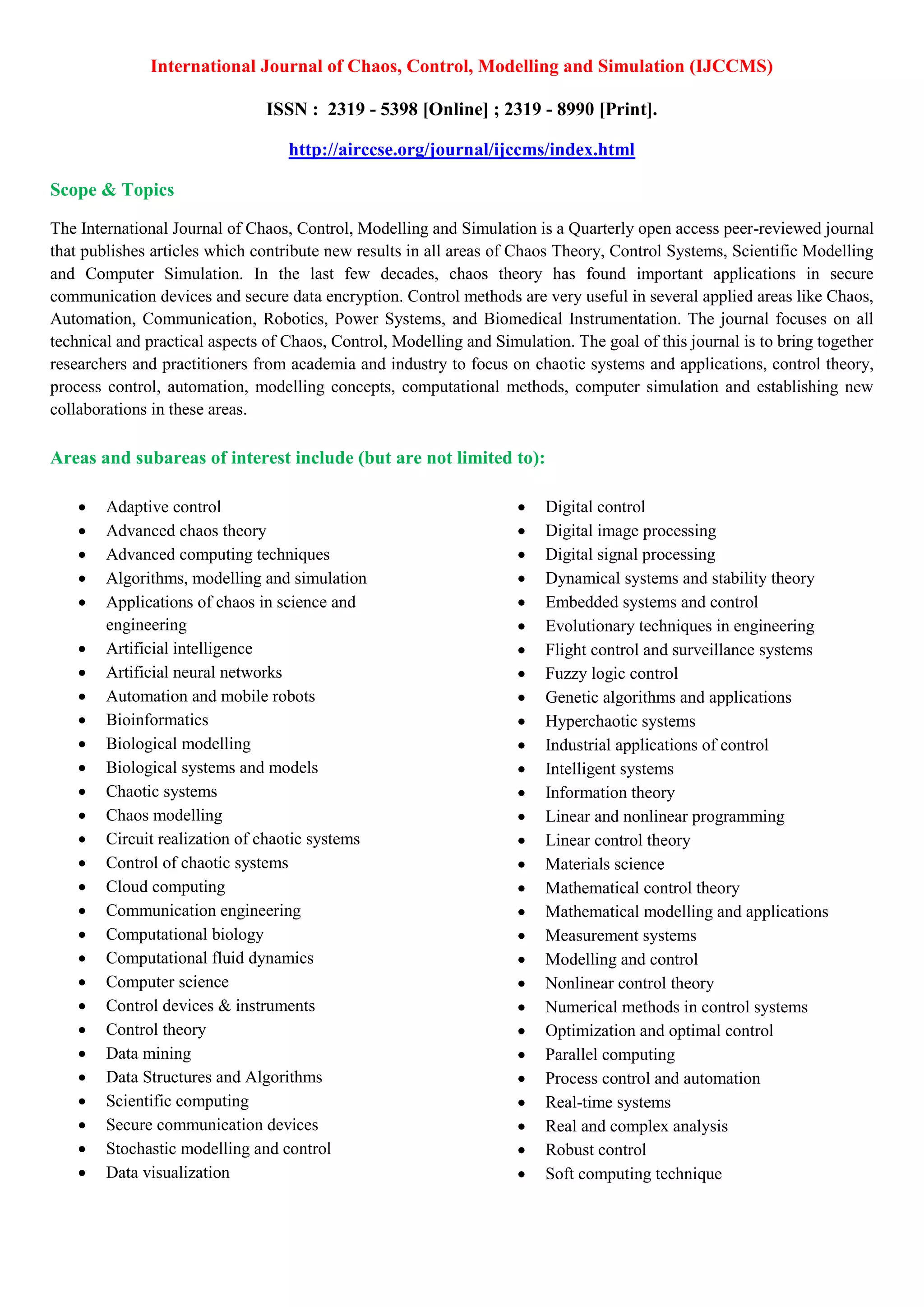International Journal of Chaos, Control, Modelling and Simulation ...