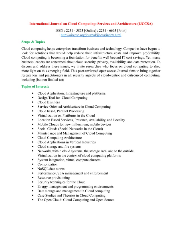 International Journal on Cloud Computing: Services and Architecture ...