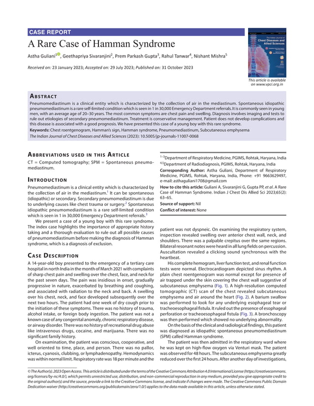 A rare case of hamman syndrome with pneumomediastinum | PDF