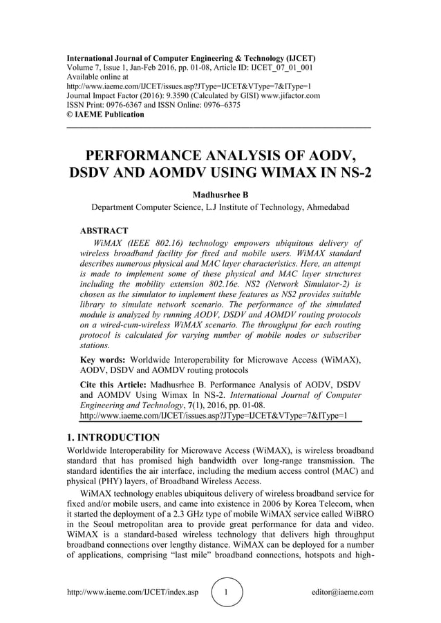 Performance Analysis Of Aodv Dsdv And Aomdv Using Wimax In Ns 2 Pdf
