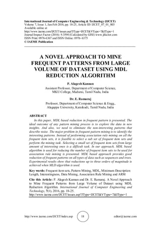 A NOVEL APPROACH TO MINE FREQUENT PATTERNS FROM LARGE VOLUME OF DATASET USING MDL REDUCTION ...