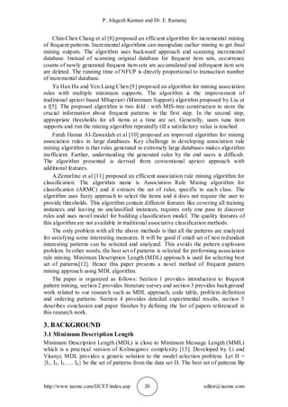A NOVEL APPROACH TO MINE FREQUENT PATTERNS FROM LARGE VOLUME OF DATASET USING MDL REDUCTION ...