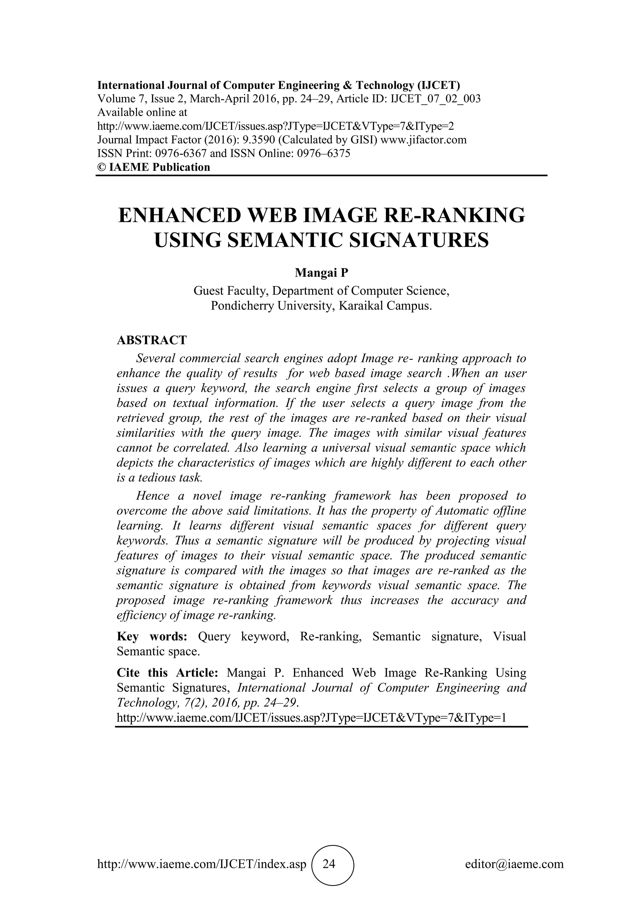 ENHANCED WEB IMAGE RE-RANKING USING SEMANTIC SIGNATURES | PDF