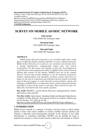 SURVEY ON MOBILE AD HOC NETWORK | PDF | Computer Networking | Computing