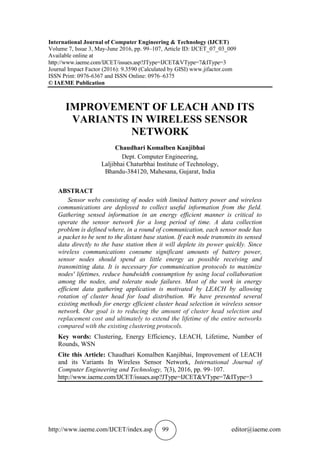 IMPROVEMENT OF LEACH AND ITS VARIANTS IN WIRELESS SENSOR NETWORK | PDF | Free Download