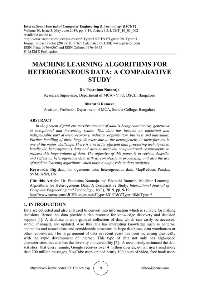 MACHINE LEARNING ALGORITHMS FOR HETEROGENEOUS DATA: A COMPARATIVE STUDY | PDF | Databases ...