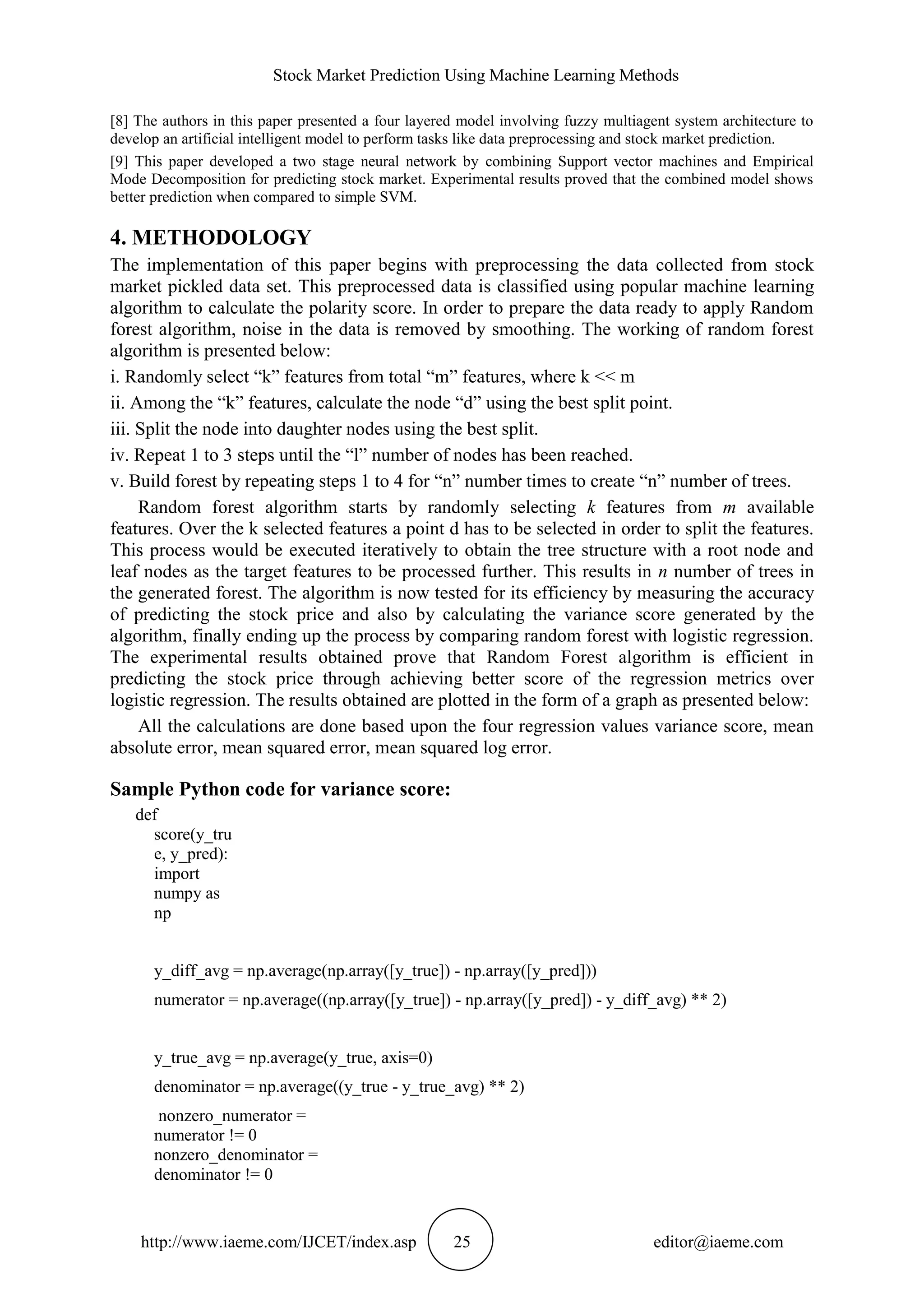 STOCK MARKET PREDICTION USING MACHINE LEARNING METHODS | PDF