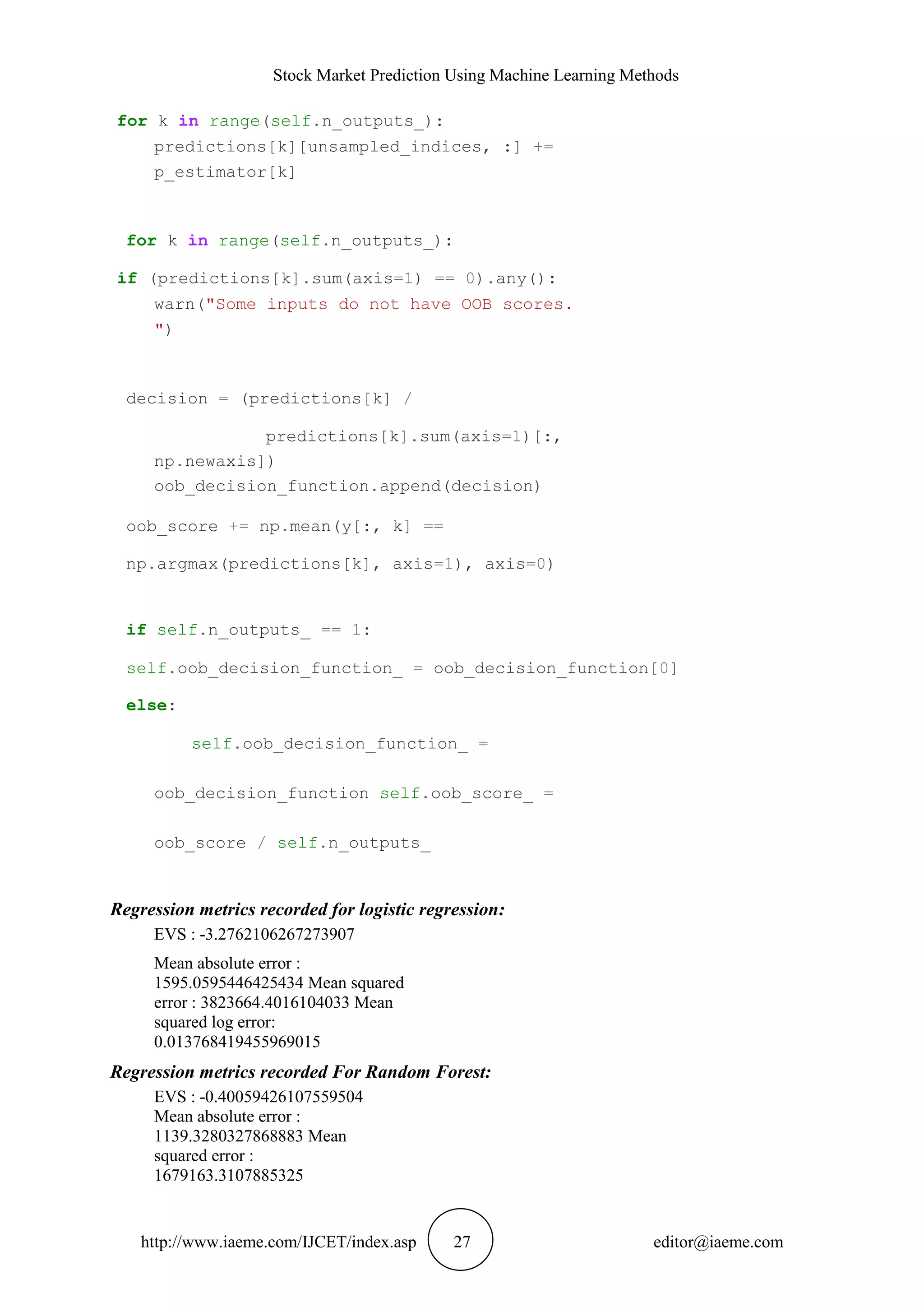 STOCK MARKET PREDICTION USING MACHINE LEARNING METHODS | PDF