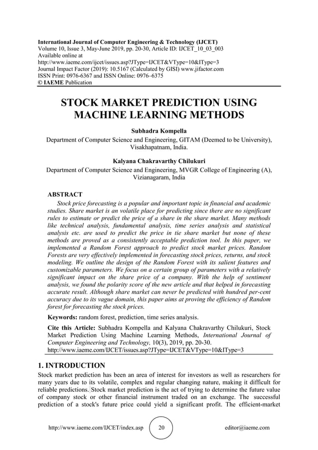 STOCK MARKET PREDICTION USING MACHINE LEARNING METHODS | PDF