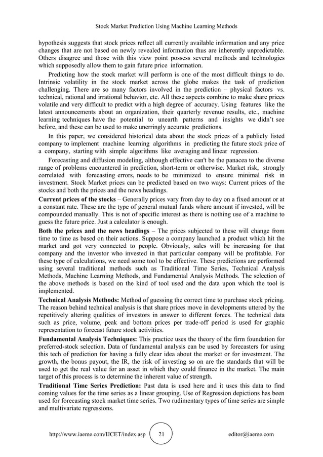 STOCK MARKET PREDICTION USING MACHINE LEARNING METHODS | PDF