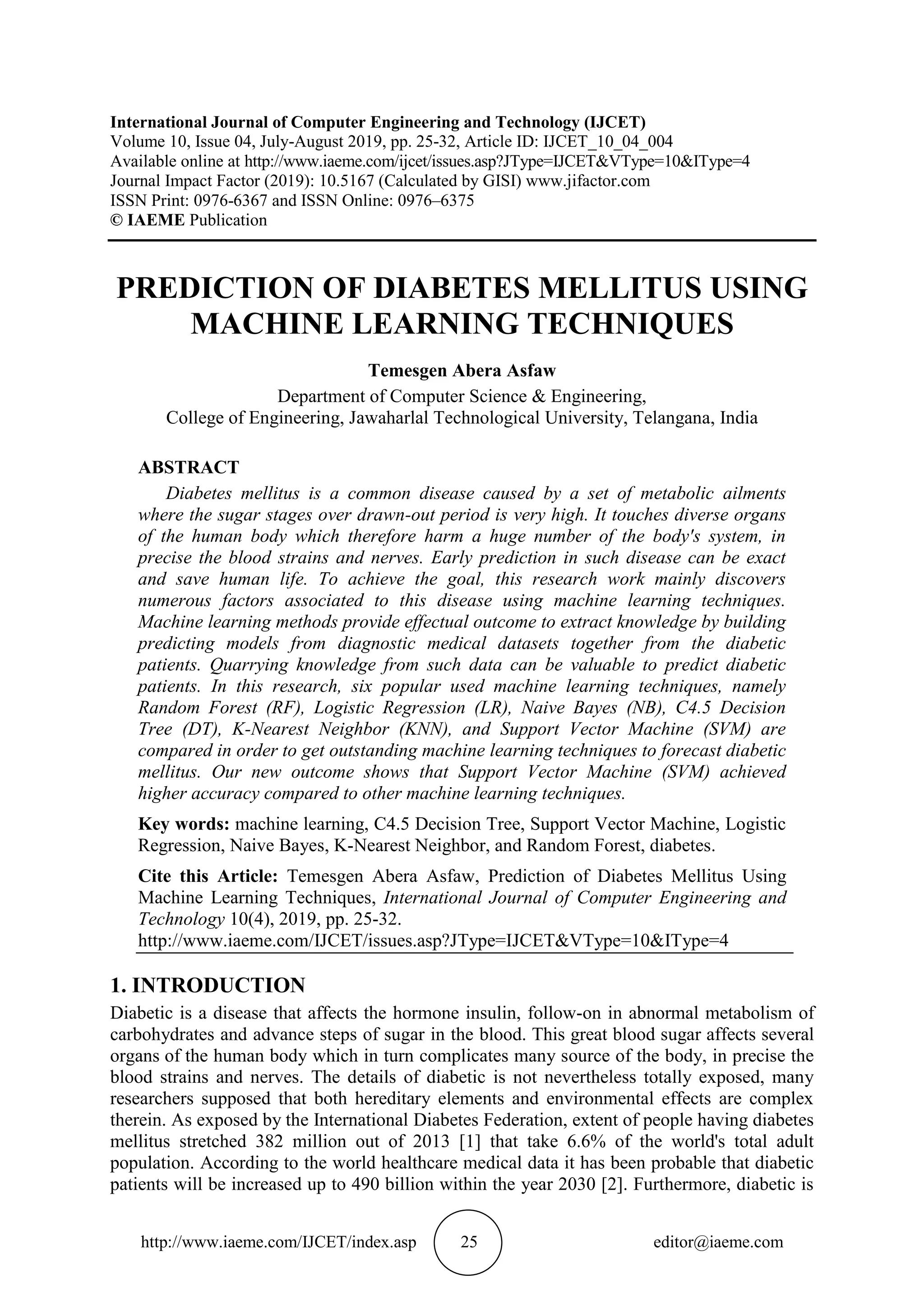 PREDICTION OF DIABETES MELLITUS USING MACHINE LEARNING TECHNIQUES | PDF
