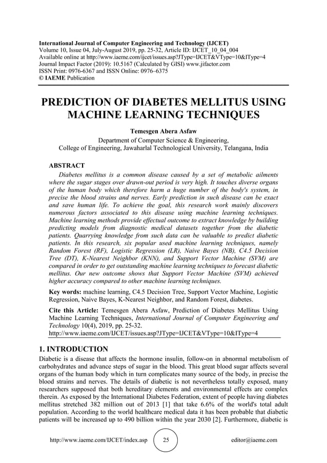 PREDICTION OF DIABETES MELLITUS USING MACHINE LEARNING TECHNIQUES | PDF