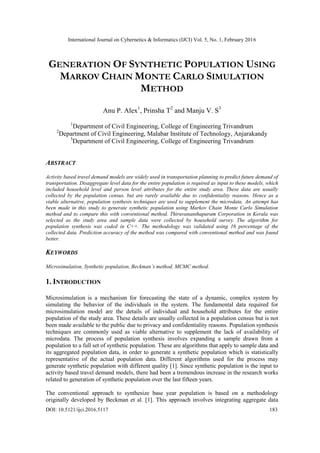 GENERATION OF SYNTHETIC POPULATION USING MARKOV CHAIN MONTE CARLO SIMULATION METHOD | PDF