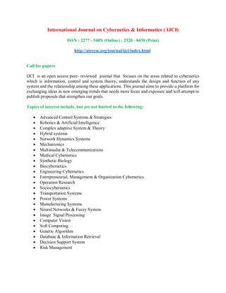 Coming Issue-Paper Submission-International Journal on Cybernetics ...