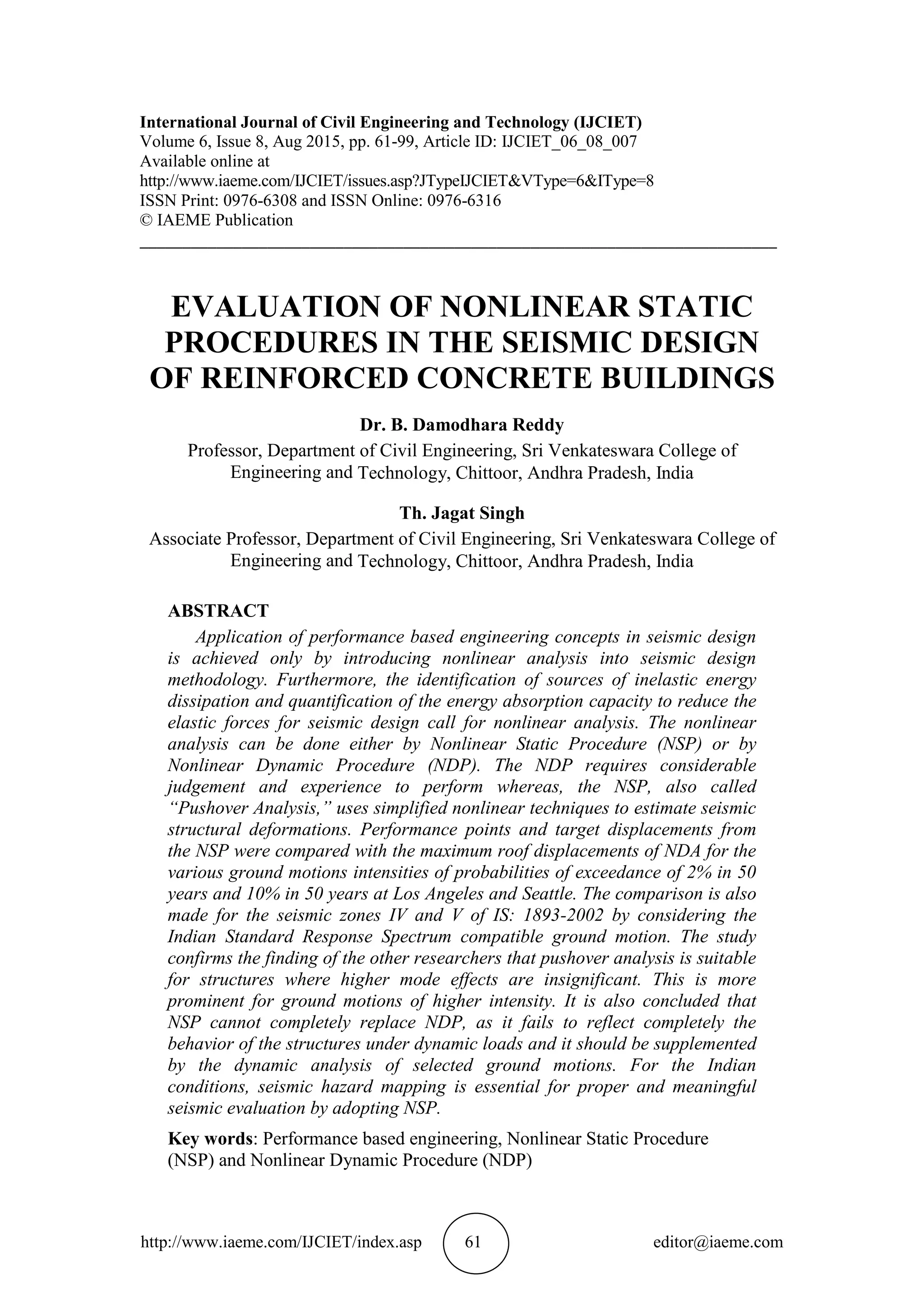 EVALUATION OF NONLINEAR STATIC PROCEDURES IN THE SEISMIC DESIGN OF REINFORCED CONCRETE BUILDINGS ...