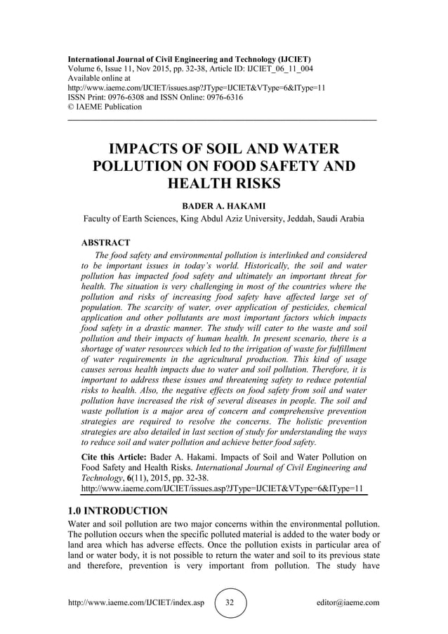 IMPACTS OF SOIL AND WATER POLLUTION ON FOOD SAFETY AND HEALTH RISKS | PDF