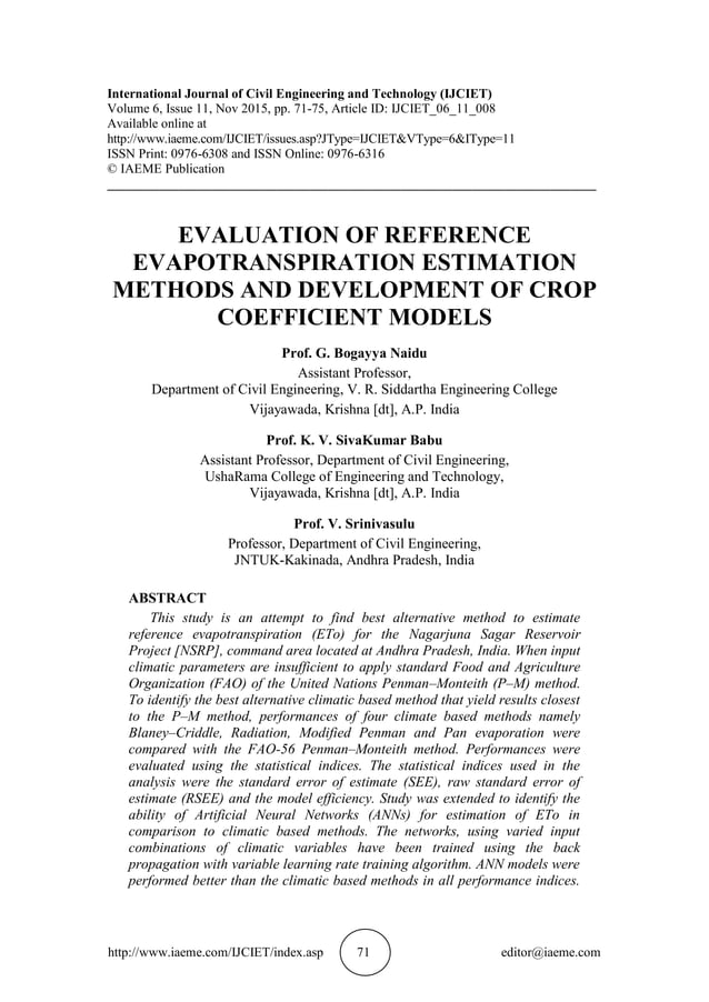 Evaluation Of Reference Evapotranspiration Estimation Methods And