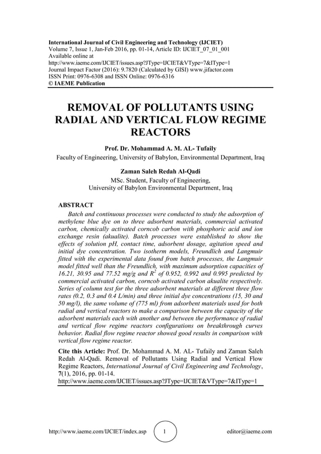 REMOVAL OF POLLUTANTS USING RADIAL AND VERTICAL FLOW REGIME REACTORS | PDF