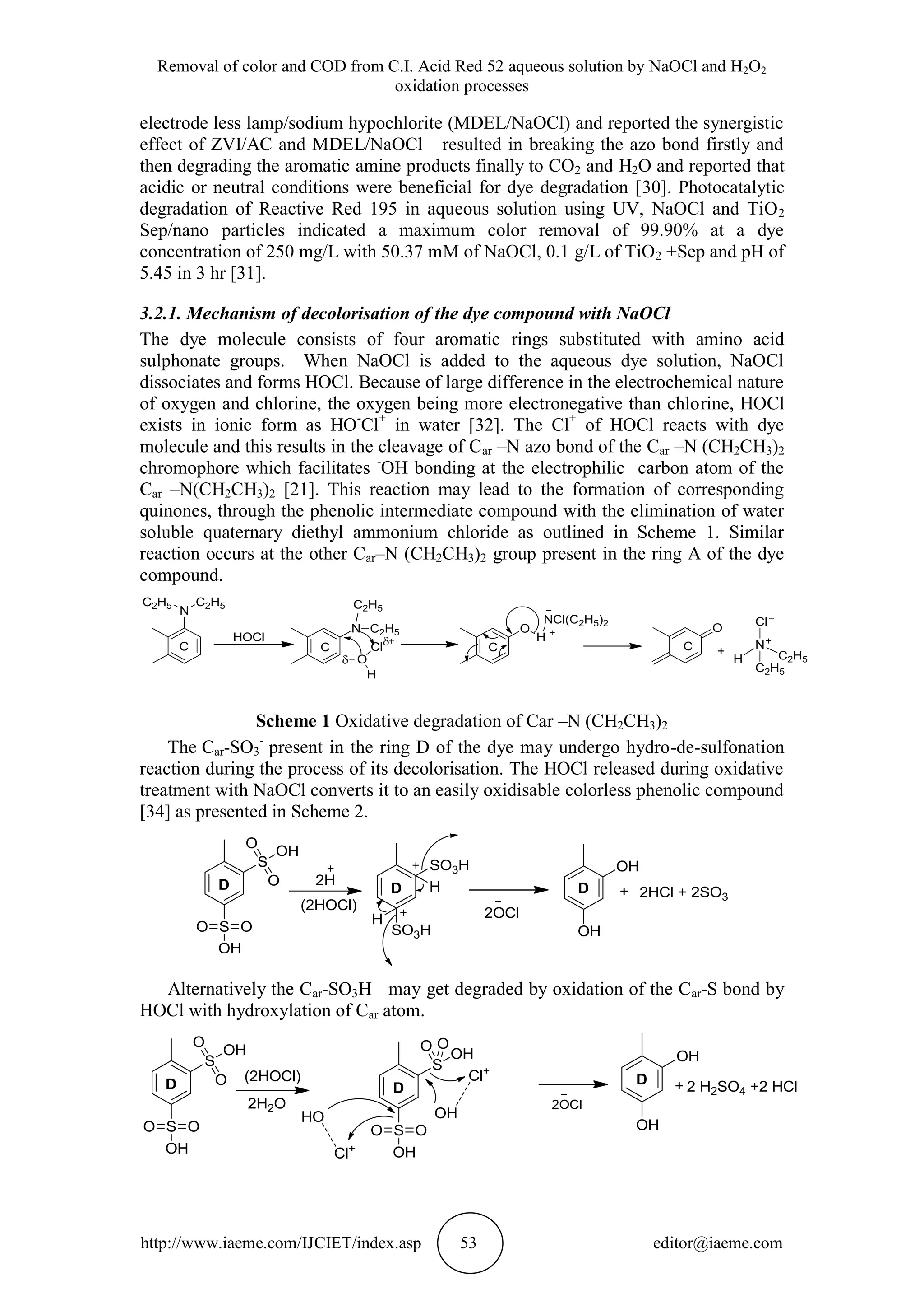 REMOVAL OF COLOR AND COD FROM C.I.ACID RED 52 AQUEOUS SOLUTION BY NaOCl ...