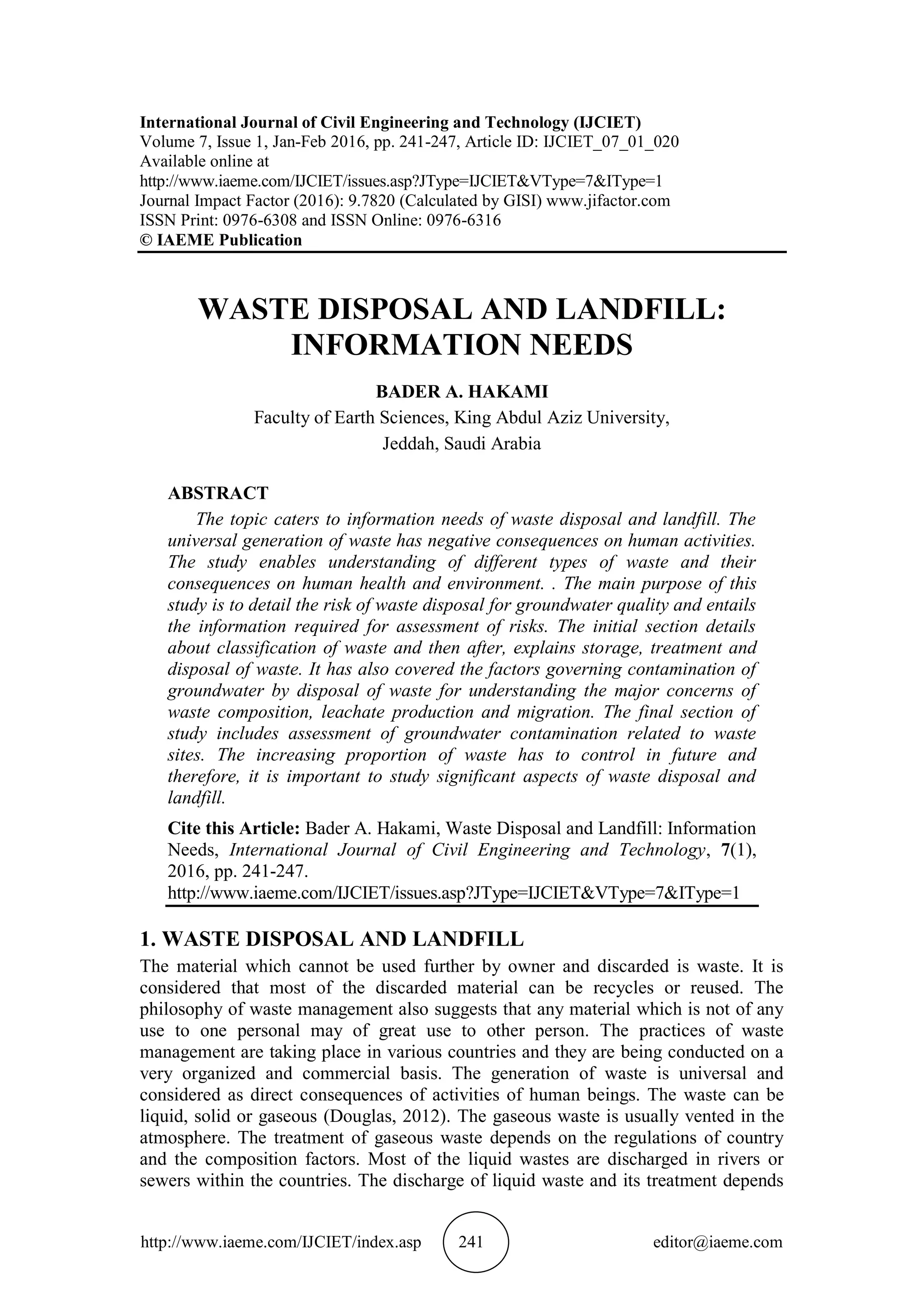 WASTE DISPOSAL AND LANDFILL: INFORMATION NEEDS | PDF