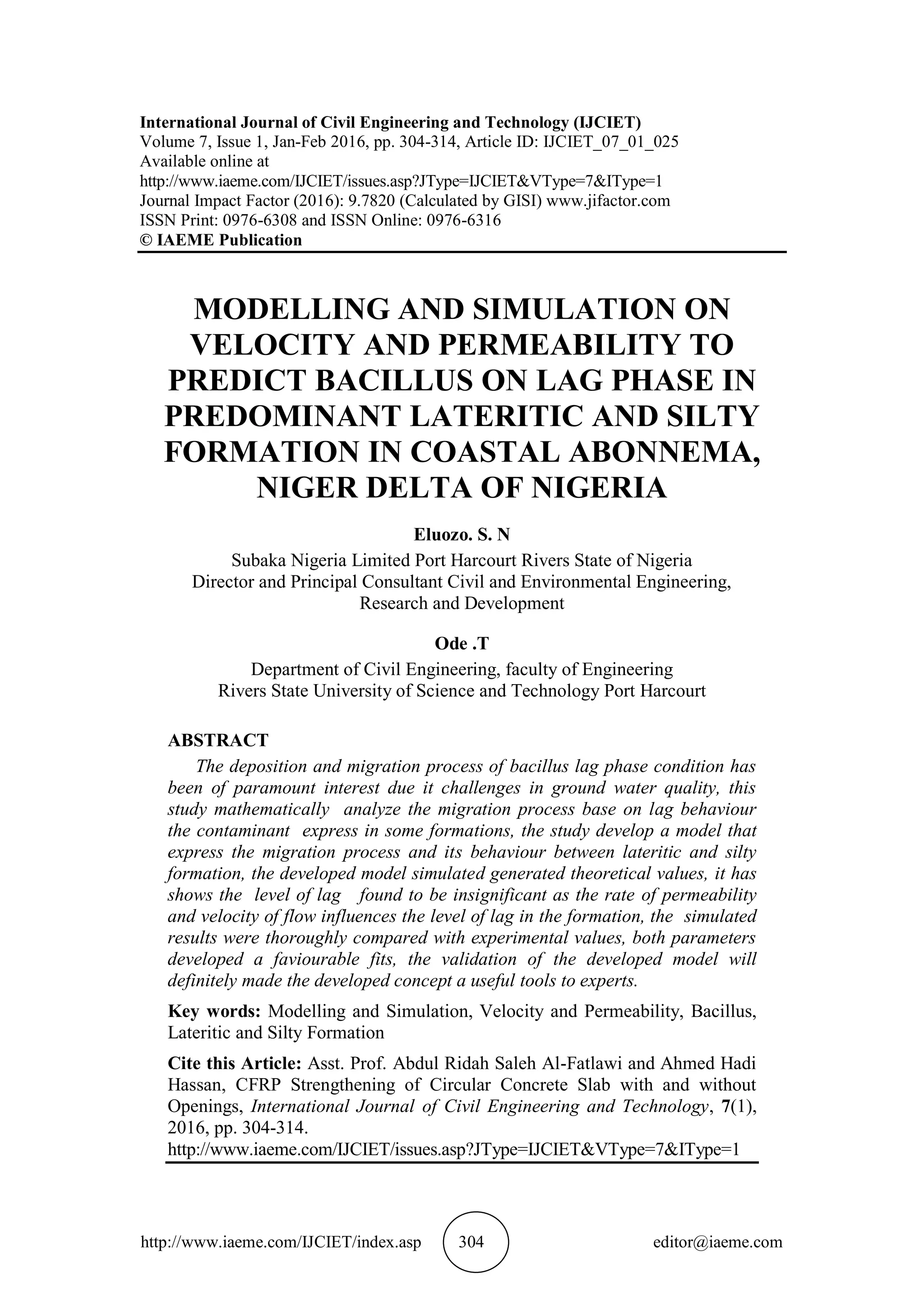 MODELLING AND SIMULATION ON VELOCITY AND PERMEABILITY TO PREDICT BACILLUS ON LAG PHASE IN ...