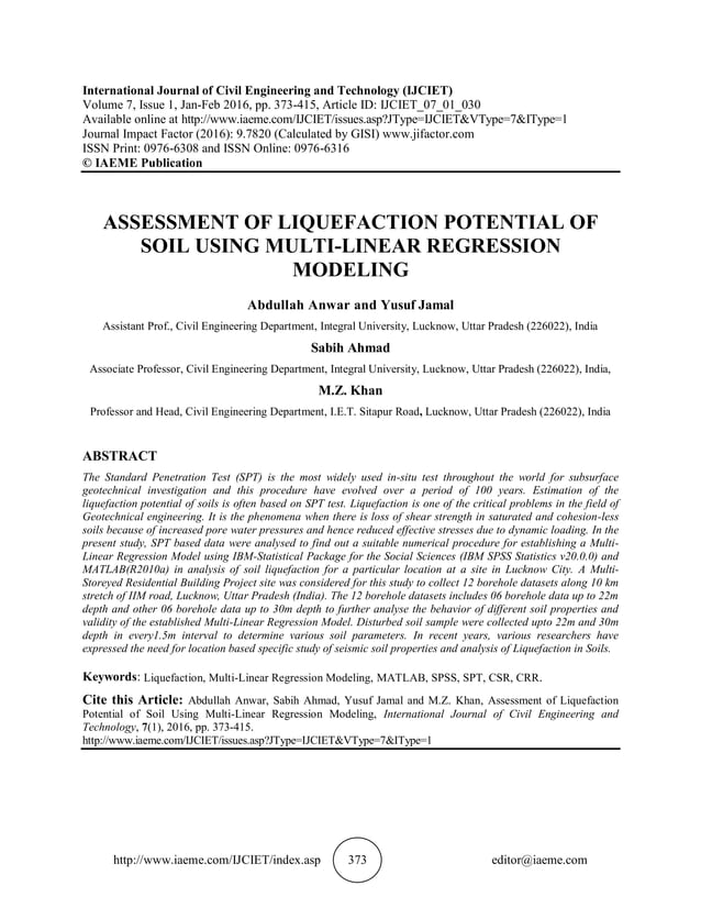 ASSESSMENT OF LIQUEFACTION POTENTIAL OF SOIL USING MULTI-LINEAR REGRESSION MODELING | PDF