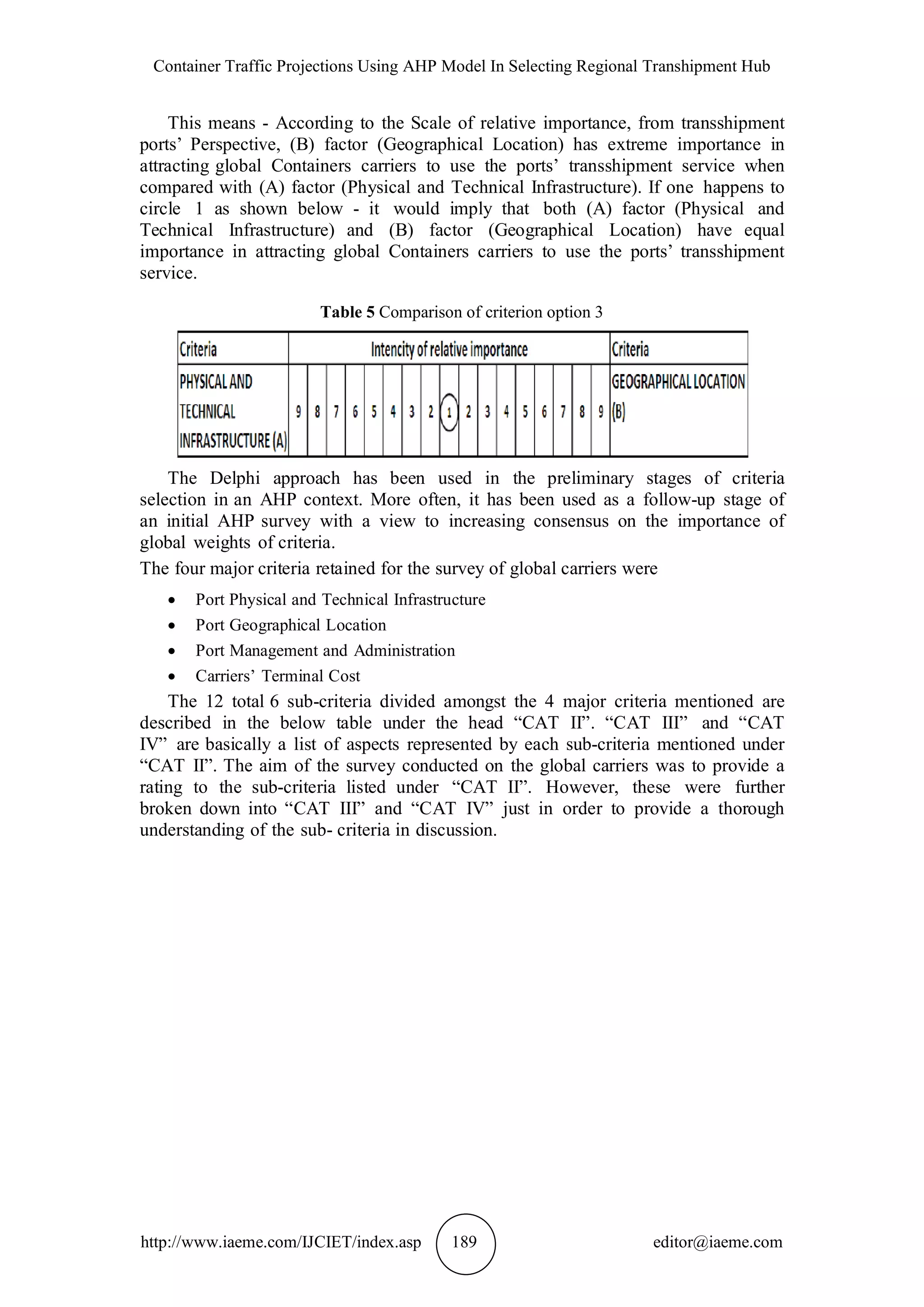 CONTAINER TRAFFIC PROJECTIONS USING AHP MODEL IN SELECTING REGIONAL TRANSHIPMENT HUBS | PDF