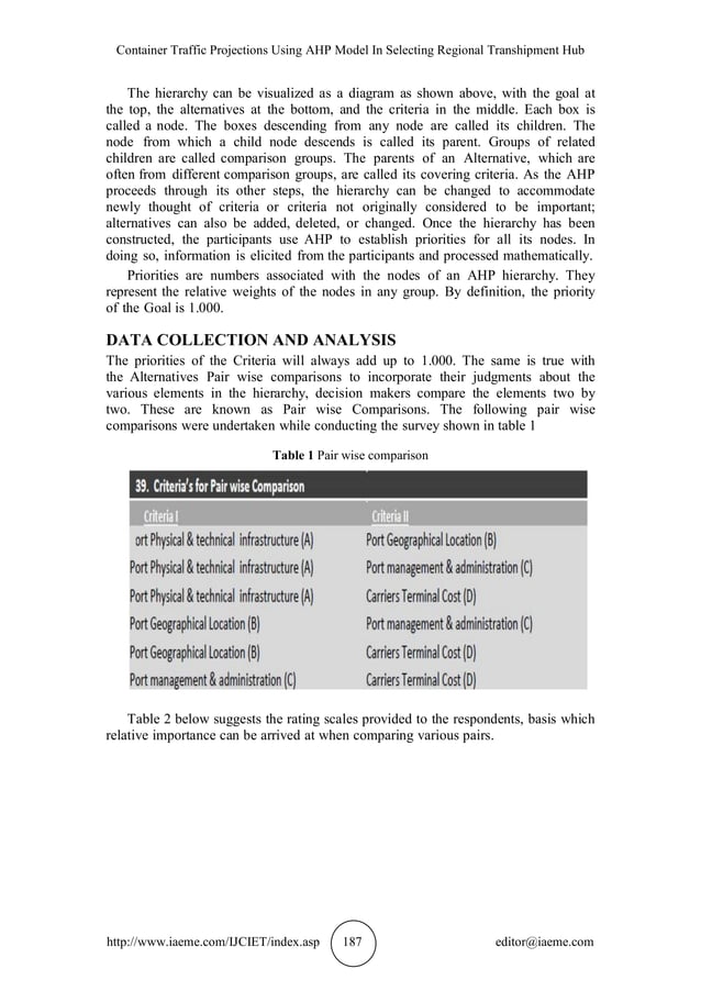 CONTAINER TRAFFIC PROJECTIONS USING AHP MODEL IN SELECTING REGIONAL TRANSHIPMENT HUBS | PDF