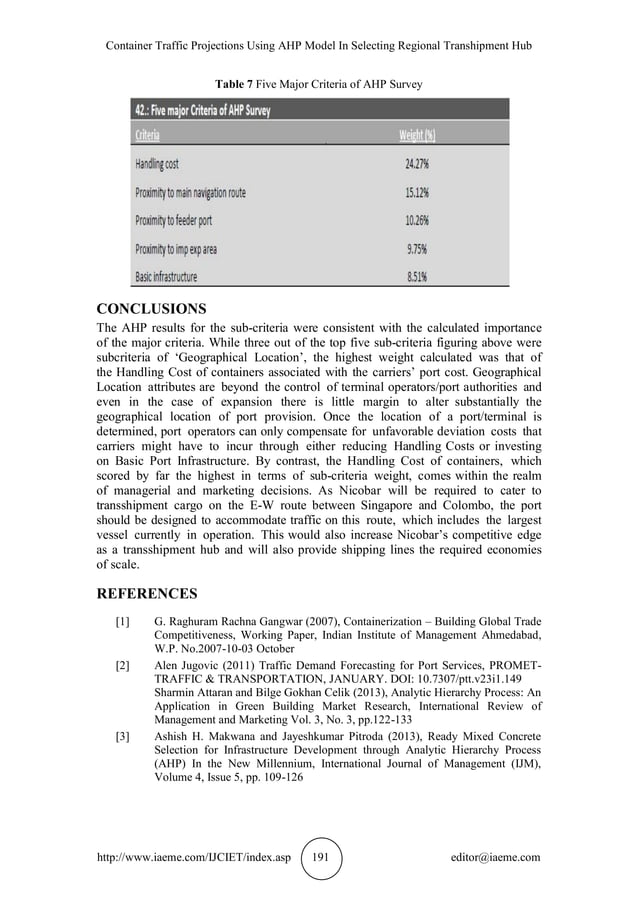 CONTAINER TRAFFIC PROJECTIONS USING AHP MODEL IN SELECTING REGIONAL TRANSHIPMENT HUBS | PDF