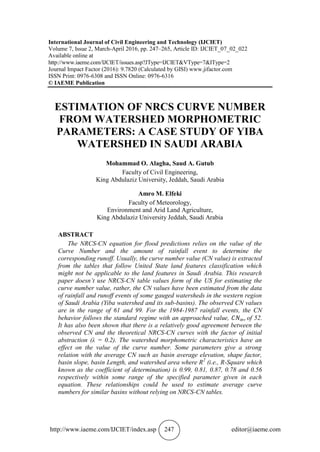 ESTIMATION OF NRCS CURVE NUMBER FROM WATERSHED MORPHOMETRIC PARAMETERS: A CASE STUDY OF YIBA ...