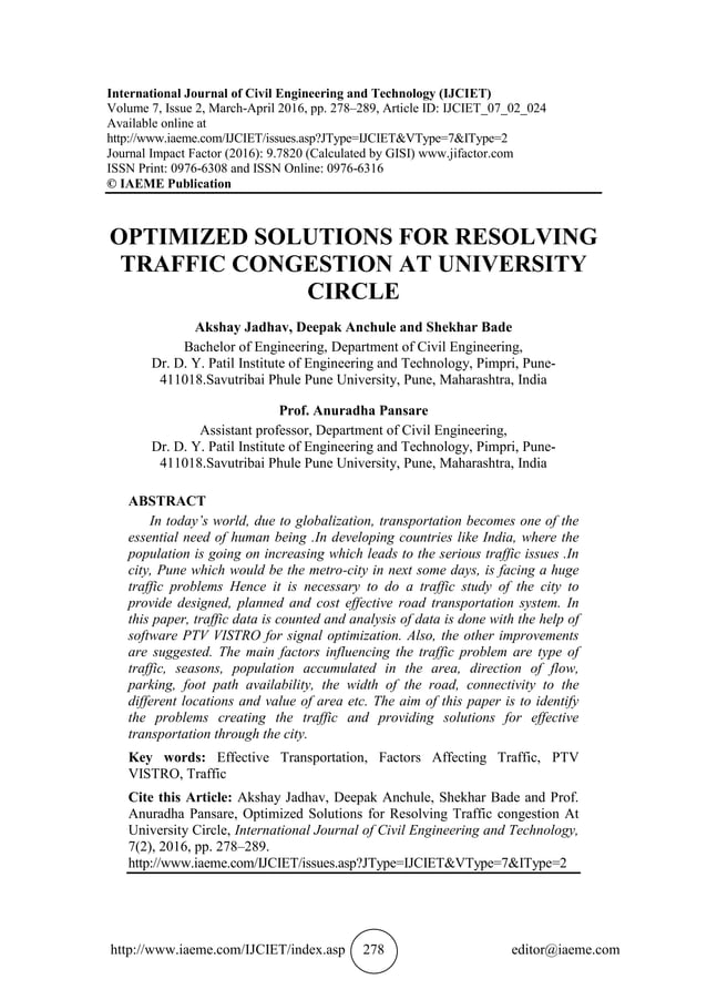 OPTIMIZED SOLUTIONS FOR RESOLVING TRAFFIC CONGESTION AT UNIVERSITY CIRCLE | PDF