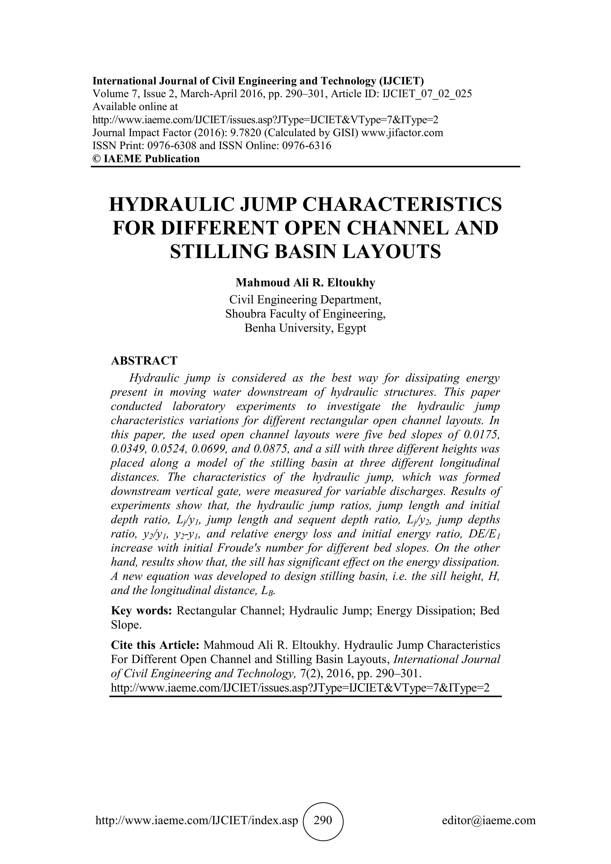 HYDRAULIC JUMP CHARACTERISTICS FOR DIFFERENT OPEN CHANNEL AND STILLING ...