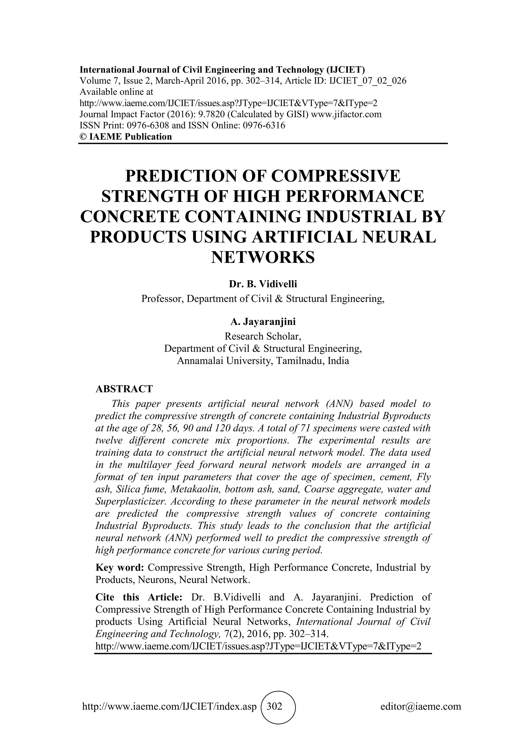 PREDICTION OF COMPRESSIVE STRENGTH OF HIGH PERFORMANCE CONCRETE CONTAINING INDUSTRIAL BY ...