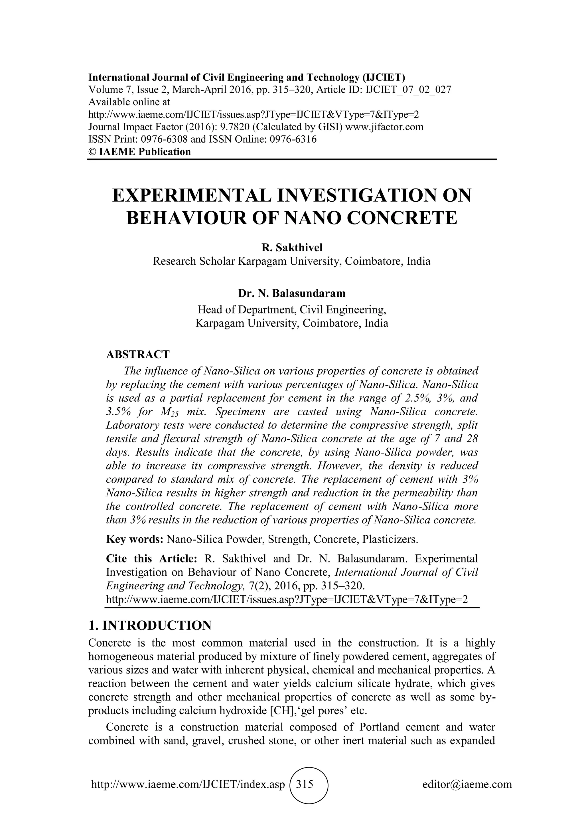 EXPERIMENTAL INVESTIGATION ON BEHAVIOUR OF NANO CONCRETE | PDF