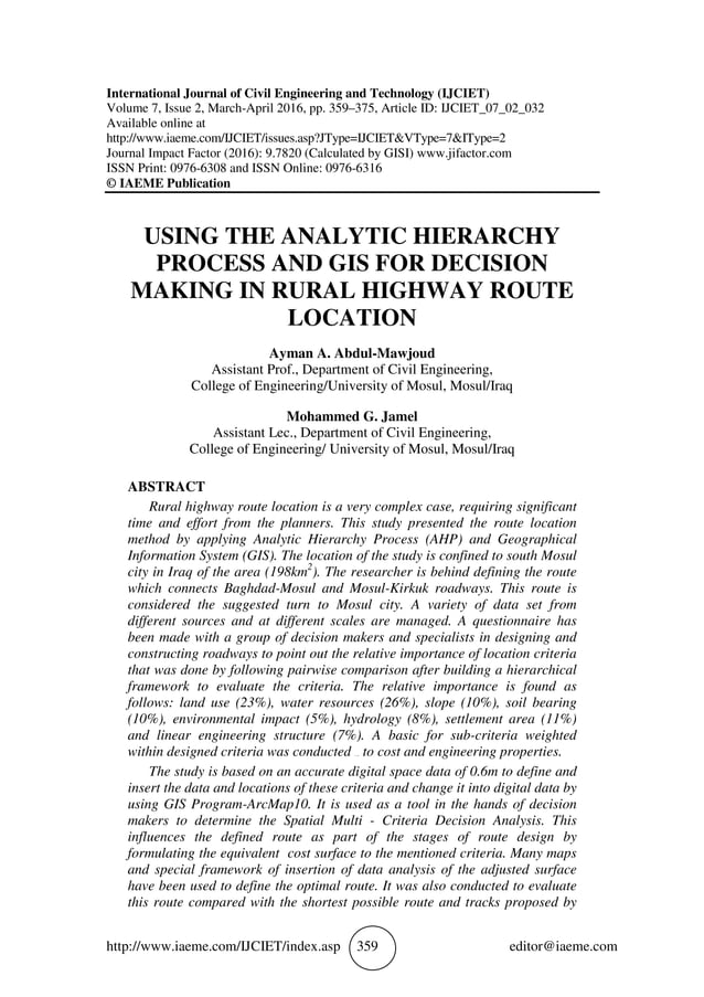 USING THE ANALYTIC HIERARCHY PROCESS AND GIS FOR DECISION MAKING IN RURAL HIGHWAY ROUTE LOCATION ...