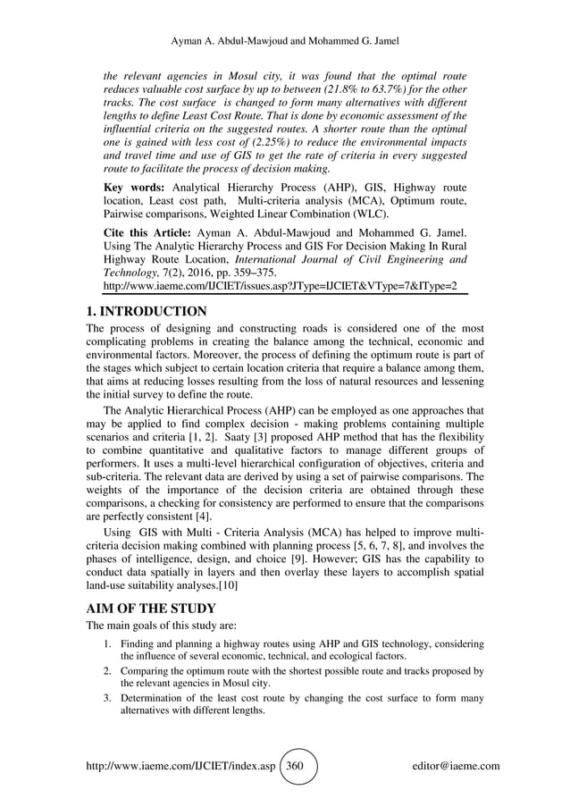 USING THE ANALYTIC HIERARCHY PROCESS AND GIS FOR DECISION MAKING IN RURAL HIGHWAY ROUTE LOCATION ...