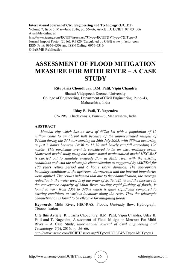 ASSESSMENT OF FLOOD MITIGATION MEASURE FOR MITHI RIVER – A CASE STUDY | PDF