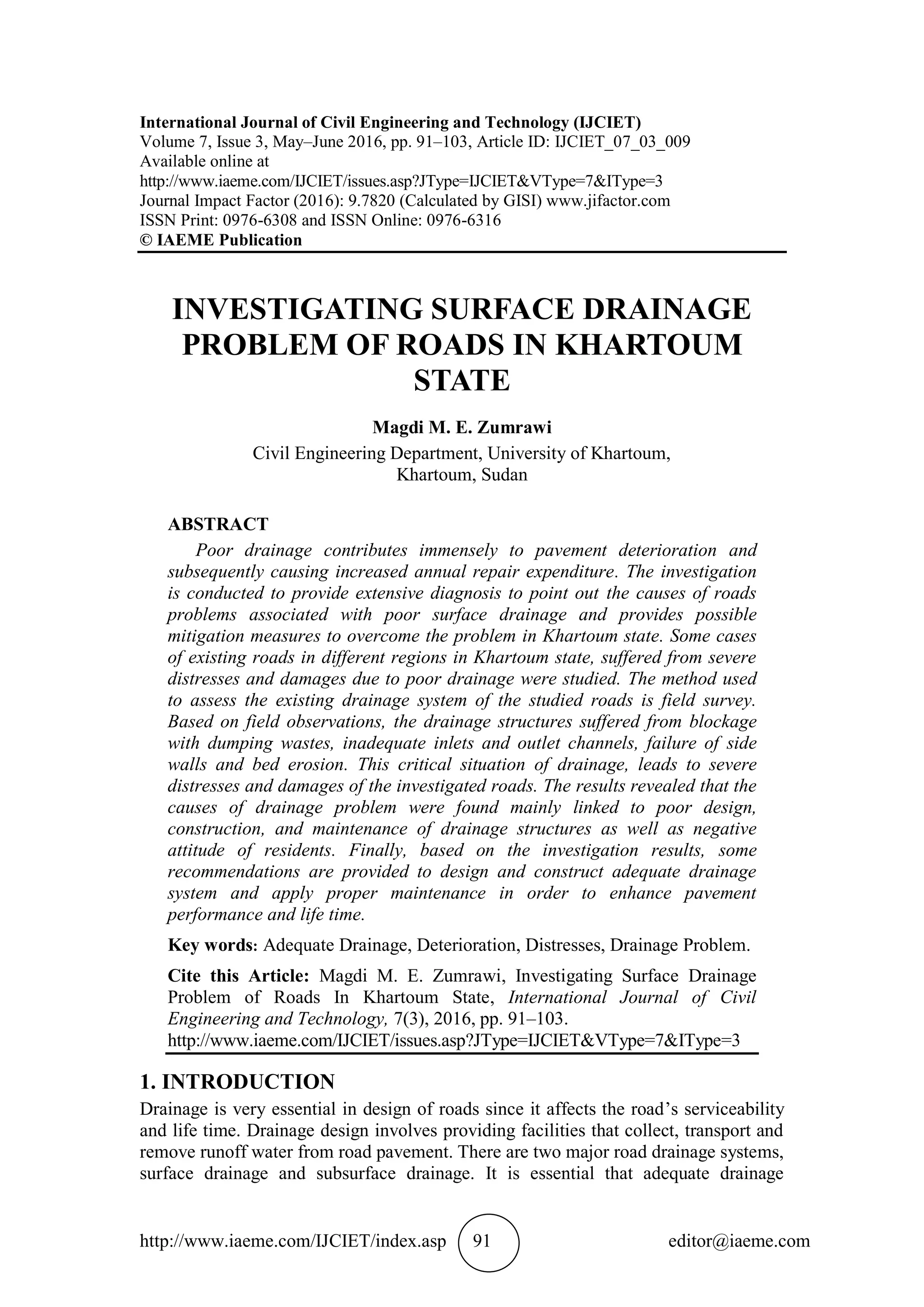 INVESTIGATING SURFACE DRAINAGE PROBLEM OF ROADS IN KHARTOUM STATE | PDF