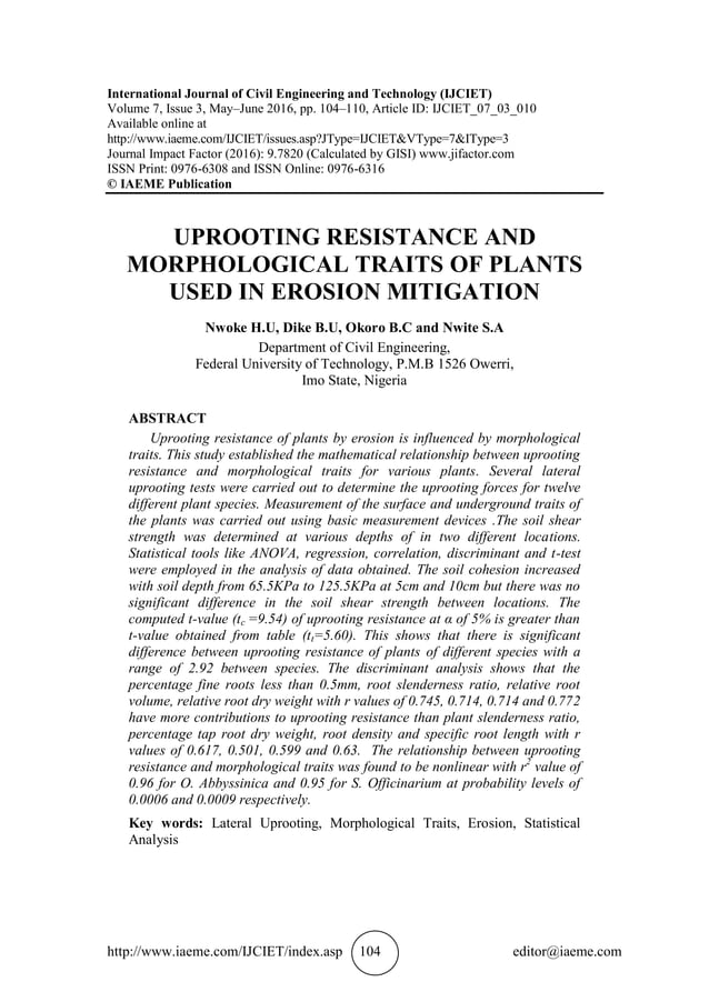 UPROOTING RESISTANCE ANDMORPHOLOGICAL TRAITS OF PLANTS USED IN EROSION ...