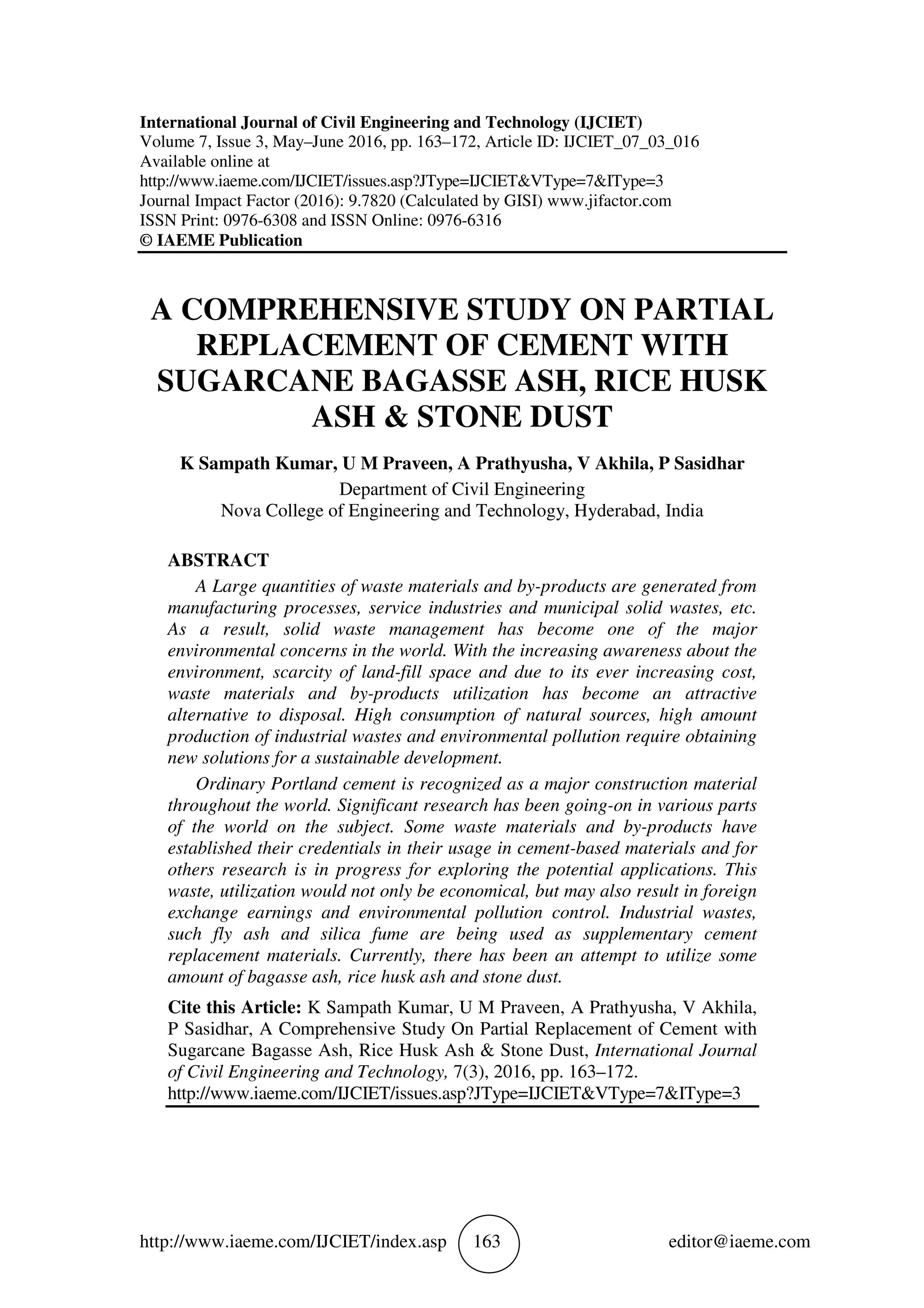 A COMPREHENSIVE STUDY ON PARTIAL REPLACEMENT OF CEMENT WITH SUGARCANE ...
