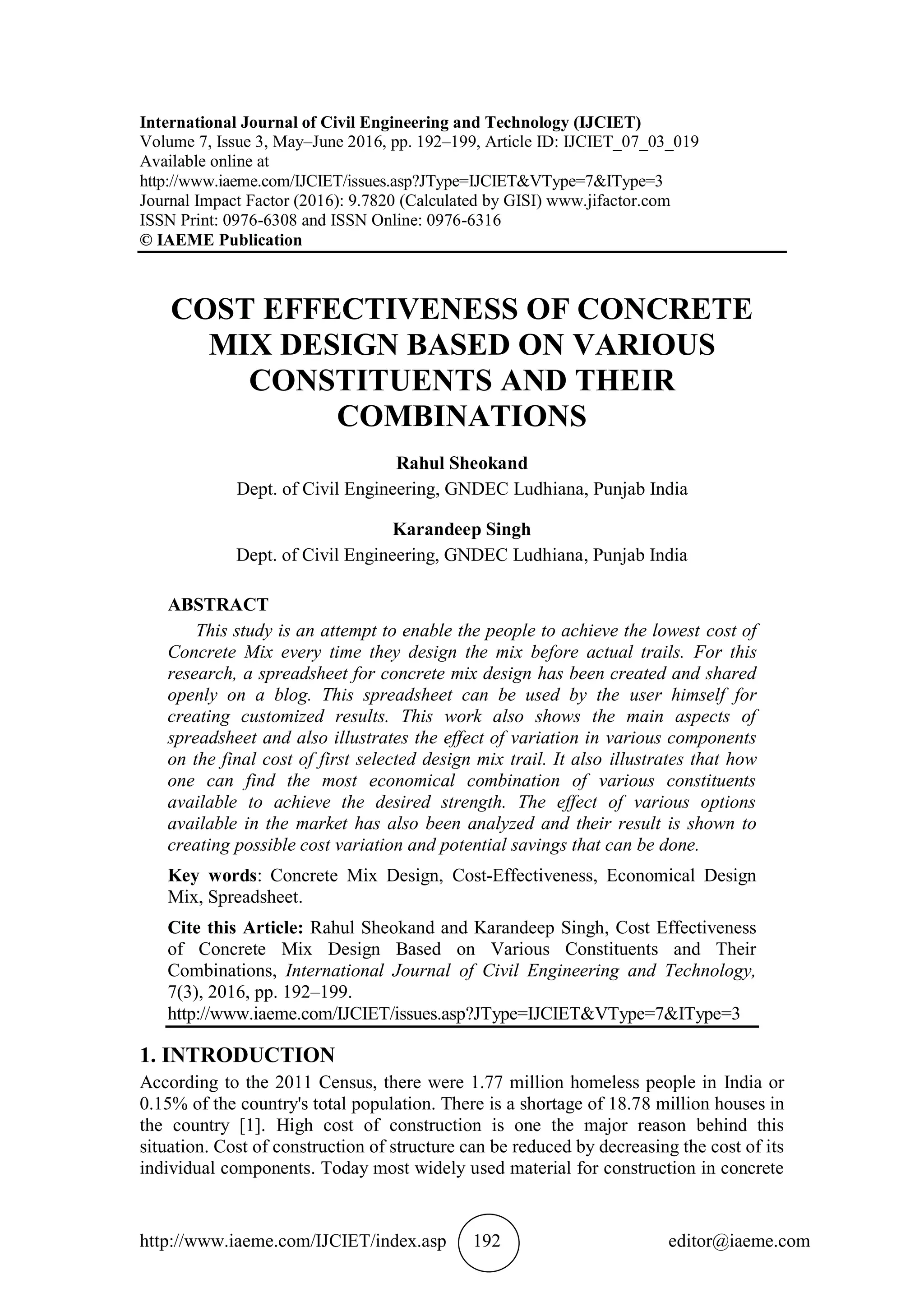 COST EFFECTIVENESS OF CONCRETE MIX DESIGN BASED ON VARIOUS CONSTITUENTS ...