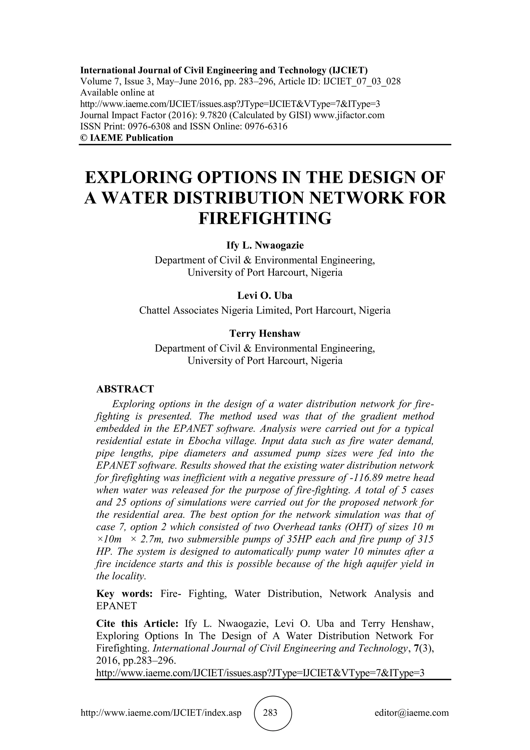 EXPLORING OPTIONS IN THE DESIGN OF A WATER DISTRIBUTION NETWORK FOR ...