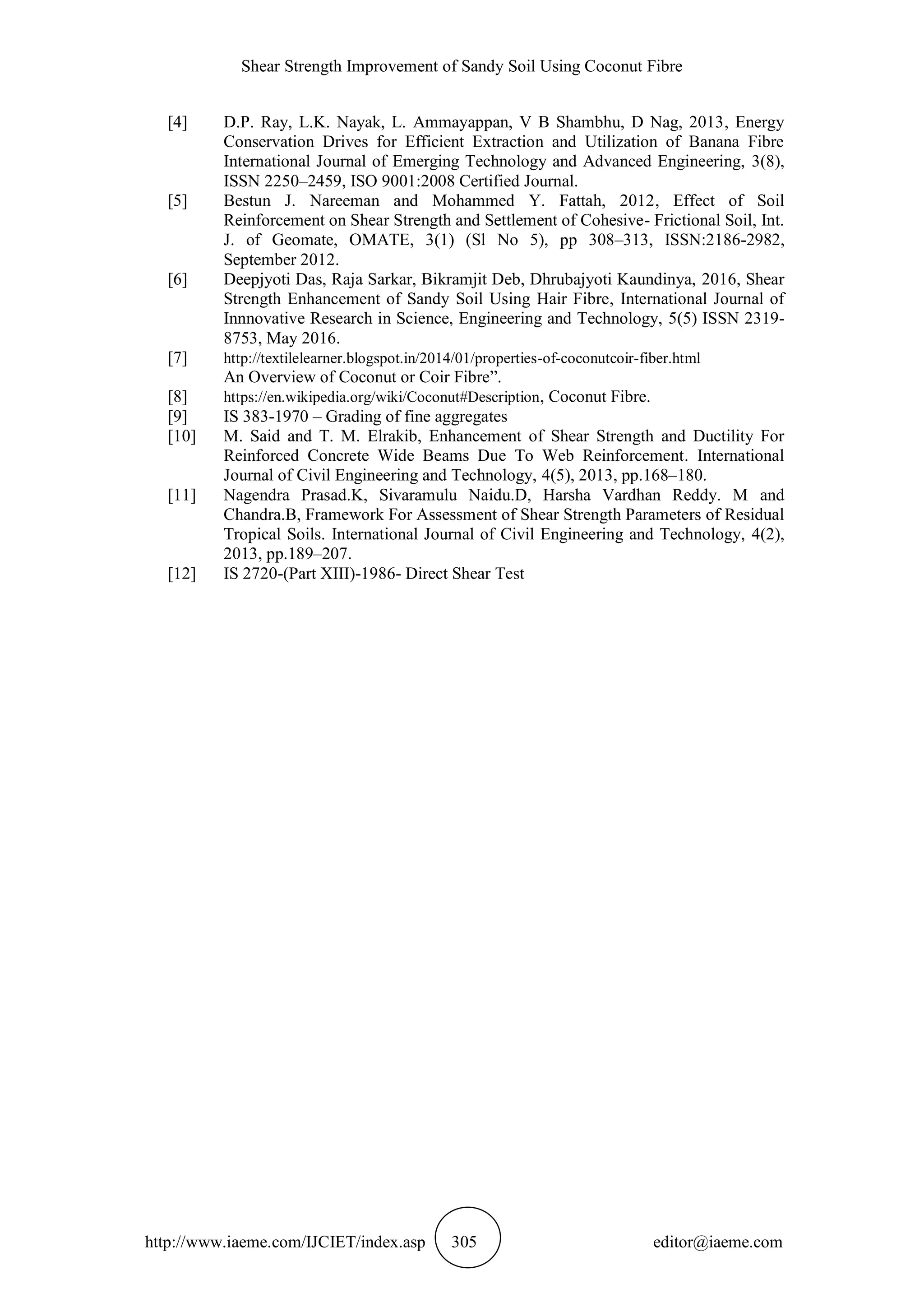SHEAR STRENGTH IMPROVEMENT OF SANDY SOIL USING COCONUT FIBRE | PDF