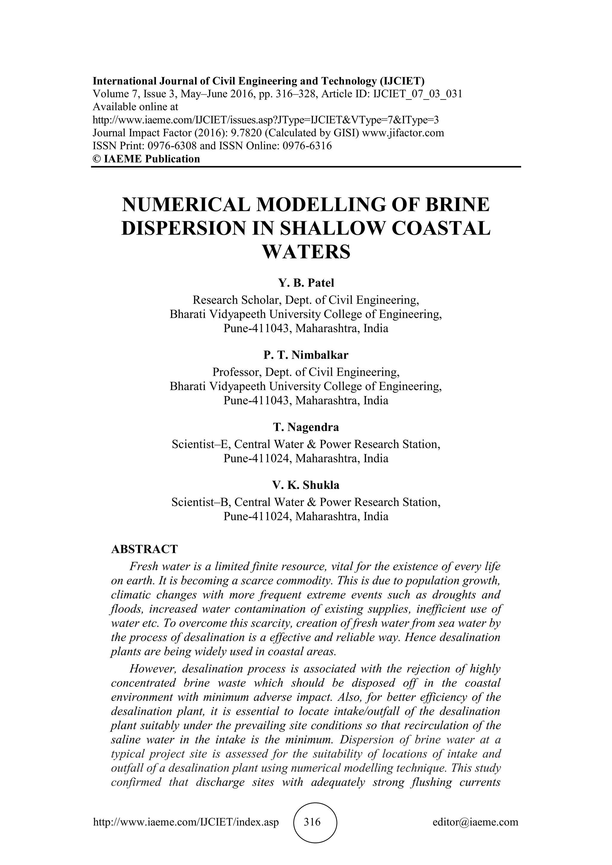 NUMERICAL MODELLING OF BRINE DISPERSION IN SHALLOW COASTAL WATERS | PDF