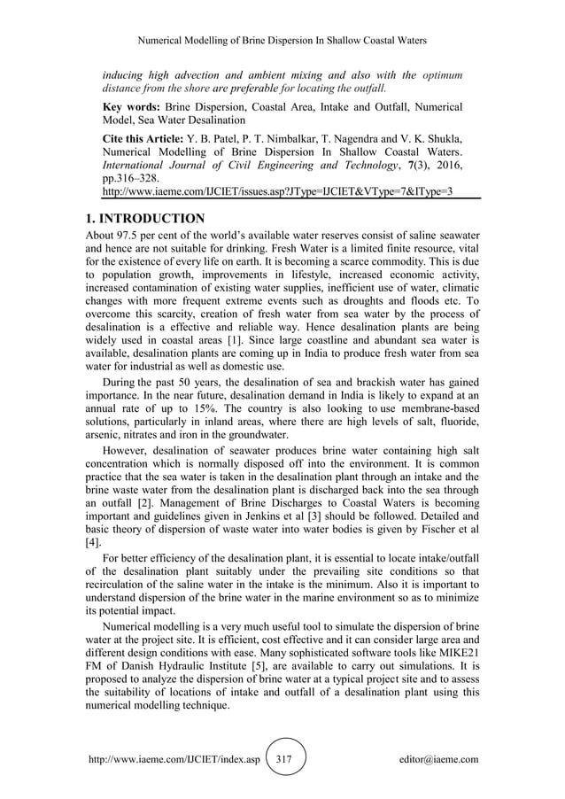 NUMERICAL MODELLING OF BRINE DISPERSION IN SHALLOW COASTAL WATERS | PDF