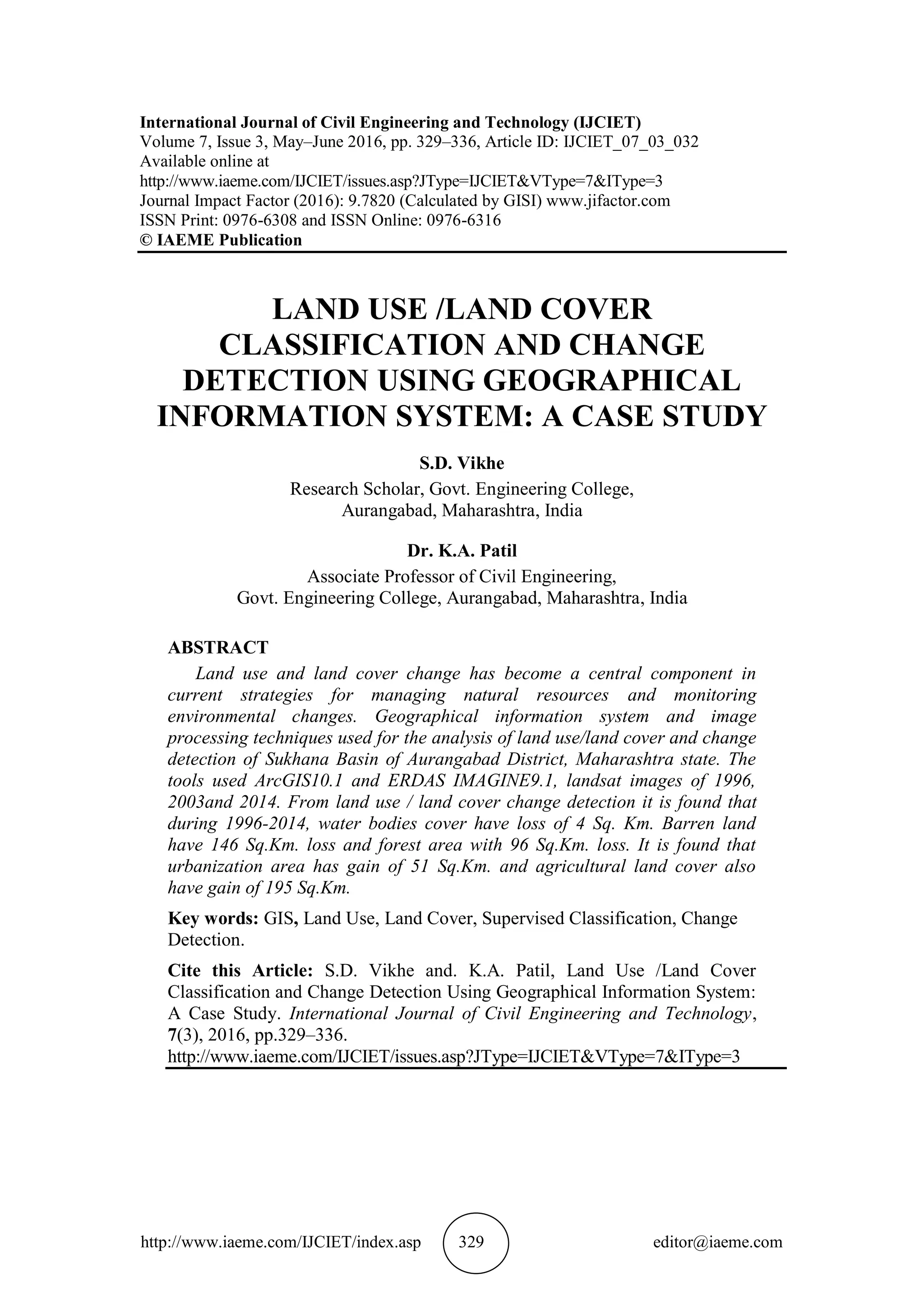 LAND USE /LAND COVER CLASSIFICATION AND CHANGE DETECTION USING ...