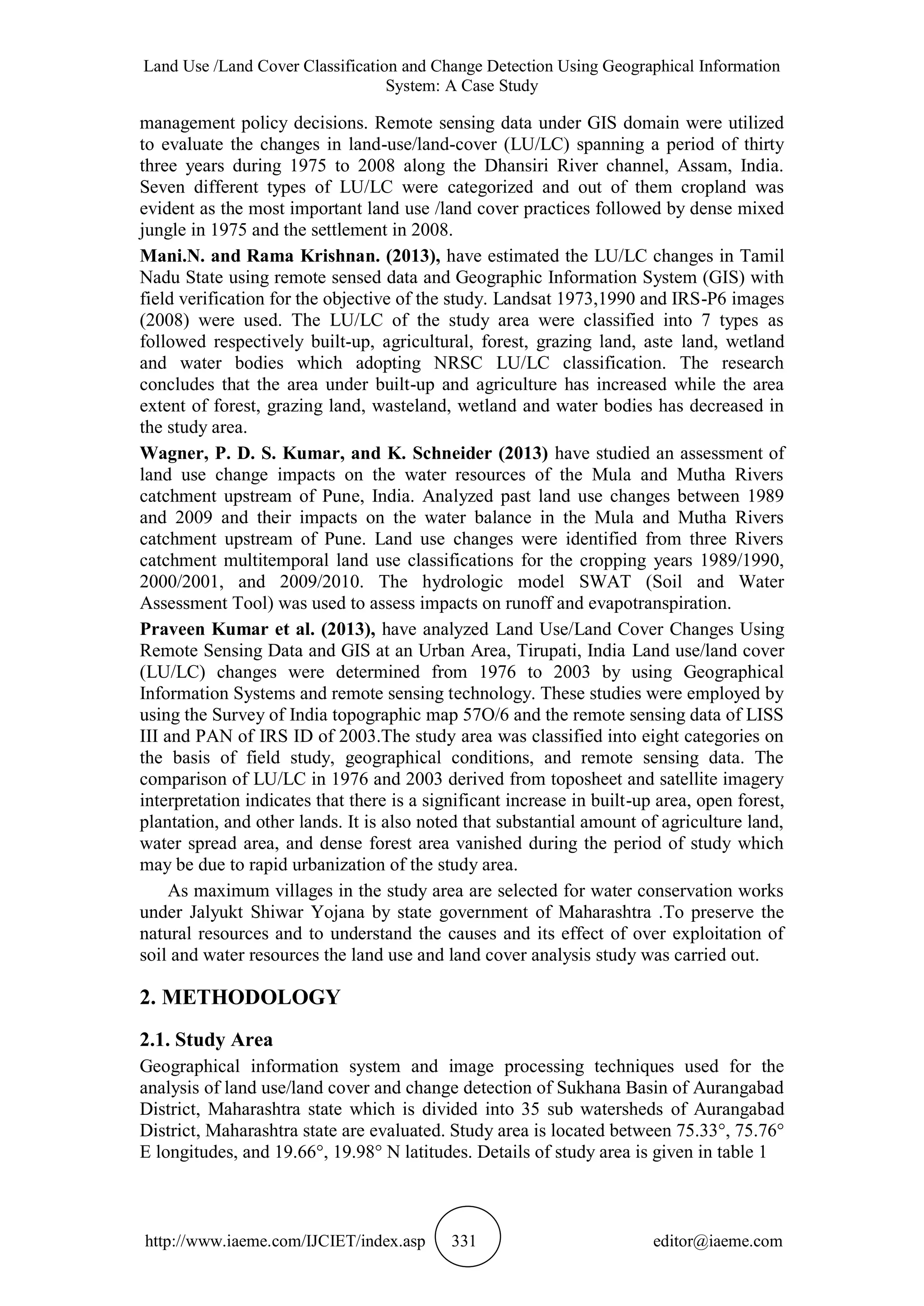LAND USE /LAND COVER CLASSIFICATION AND CHANGE DETECTION USING GEOGRAPHICAL INFORMATION SYSTEM ...