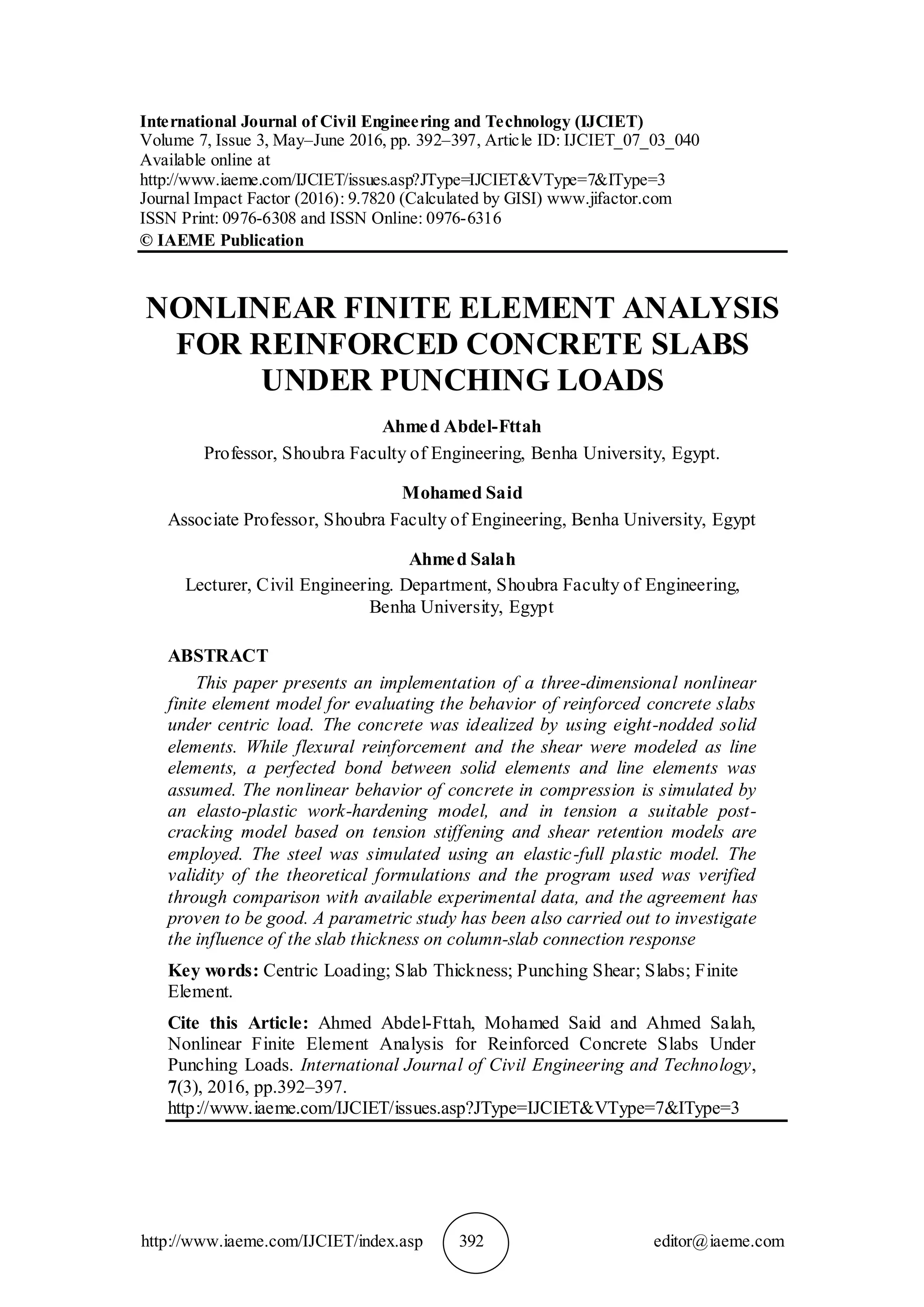 Nonlinear Finite Element Analysis For Reinforced Concrete Slabs Under