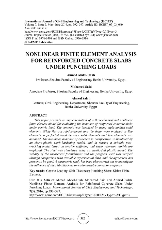 Nonlinear Finite Element Analysis For Reinforced Concrete Slabs Under Punching Loads Pdf