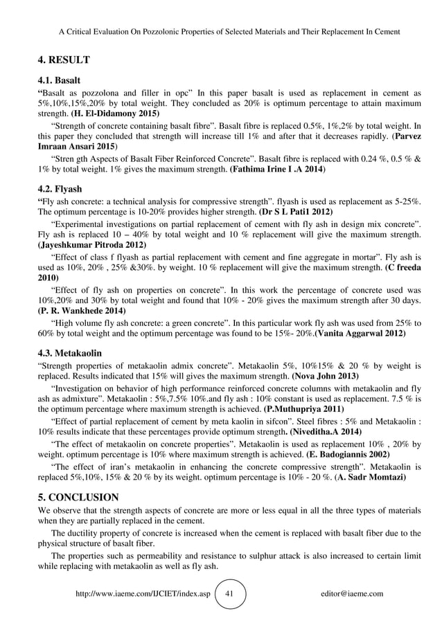 IjcA CRITICAL EVALUATION ON POZZOLONIC PROPERTIES OF SELECTED MATERIALS AND THEIR REPLACEMENT IN ...